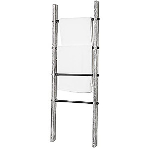 MyGift 5 Foot Graywash Wood Blanket Ladder Wall Leaning Towel Rack with 4 Metal Rung, Farmhouse Home Storage Decor for Living Room, Bathroom, Bedroom