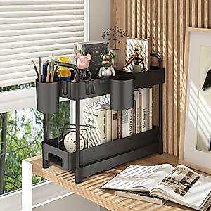 2 Pack Under Sink Organizers and Storage, 2 Tier Under Sliding Cabinet Basket Organizer with Hanging Cups,Hooks,Dividers,Handles,Multi-Purpose Storage Drawer Basket Organizer for Kitchen Bathroom