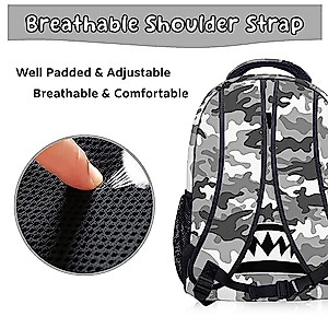 Cbntnaf Shark Camo Backpack for Women Men, Gray Camo Shark Teeth Print Bookbag for Boys Girls, Large Capacity Lightweight Backpack for School Work Camping Hiking