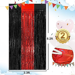 Black Red Fringe Curtain Party Streamers 2Pack 3.3x8.3 Ft Foil Fringe Backdrop Curtains for Birthday Wedding Bridal Baby Shower Holiday Tinsel Streamers Black Party Decorations Door Streamers