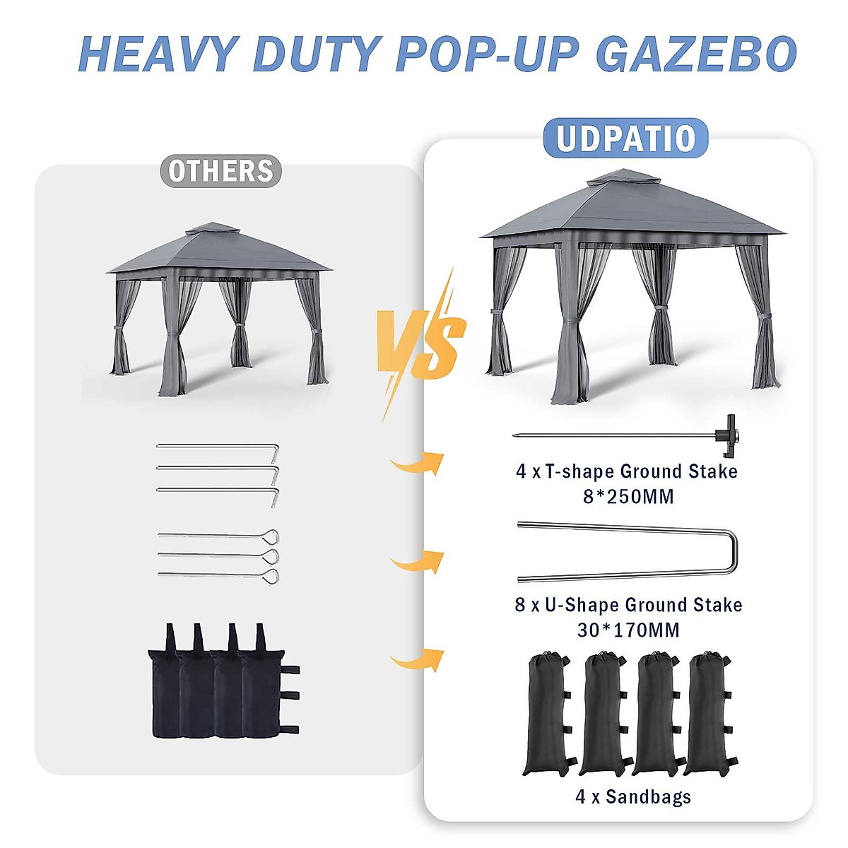 UDPATIO 11x11 Pop Up Gazebo Canopy Tent, Patio Outdoor Gazebo Tent with Mosquito Netting Outdoor Canopies for Shade and Rain for Lawn, Garden, Backyard and Deck, Grey