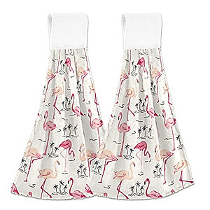 MCHIVER 2 Pcs Hanging Kitchen Hand Towels with Loop, Flamingo Decorative Towels Absorbent Towel for Bathroom, Laundry Room