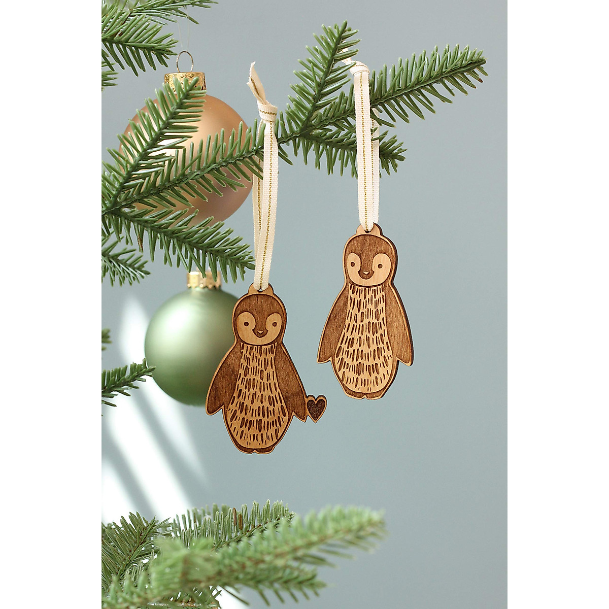 Penguin Pair Laser Cut Wood Ornaments - Comes with 2 [Christmas, Holiday, Love, Anniversary, Personalized Gifts, Custom Message, Stocking Stuffers]