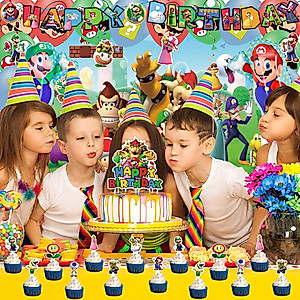 Mario Party Decorations Birthday Party Supplies Super Mario Bros Birthday Favors Include Birthday Banners, Backdrop, Balloons, Cake Decoration, Cupcake Toppers, Hanging Swirls