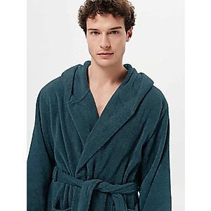 SIORO Terry Cloth Robes for Men Cotton Towel Hooded Bathrobe Long Bath Big & Tall Loungewear Bathroom Swimming Pool Bath Fluffy House Coat, Ink Blue X-Large