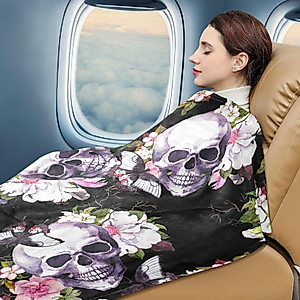 Joko Ivery Skulls Flowers Birds Butterflies Premium Soft Travel Blanket Pillow Airplane Blanket with Hand Luggage Belt & Backpack Clip Travel Pillow and Blanket 2 in 1 for Airplane Car Office Home