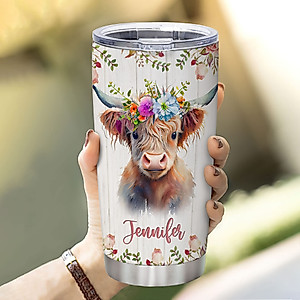 Hyturtle Personalized Gifts For Highland Cow Lover - Birthday Christmas - Just A Girl Who Loves Highland Cows Custom Name Stainless Steel Tumbler 20oz With Lid - Animal Lover Gifts For Her Women Girl