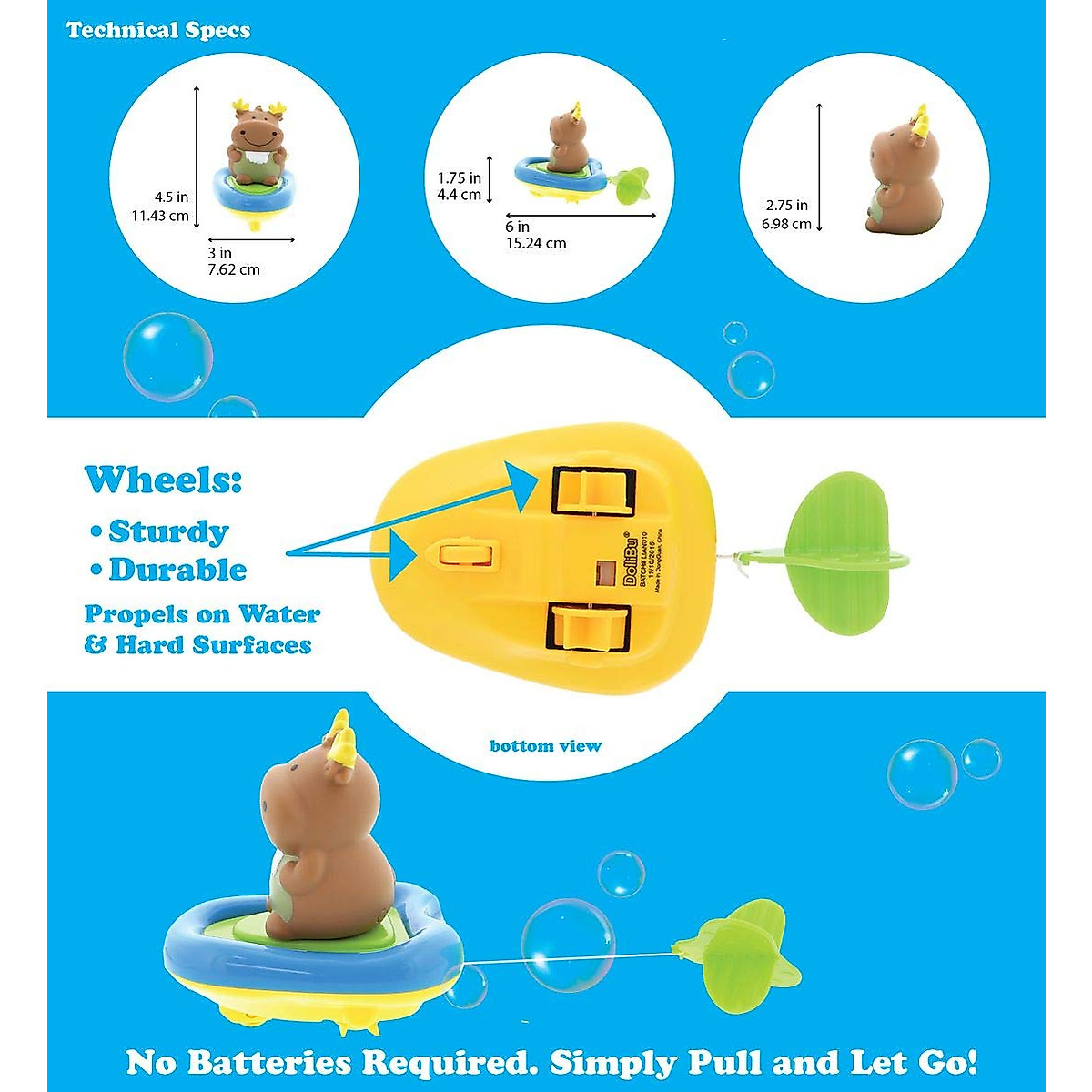 Dollibu Boat Racer Buddy, Fun Educational Bath Toy Finger Puppet Pull and Go Water Racing Woodland Pal for Shower Pool Bathtub Swim Hard Surface for Baby Toddler and Boy - 6 Inch - 3 in 1 Game - Moose