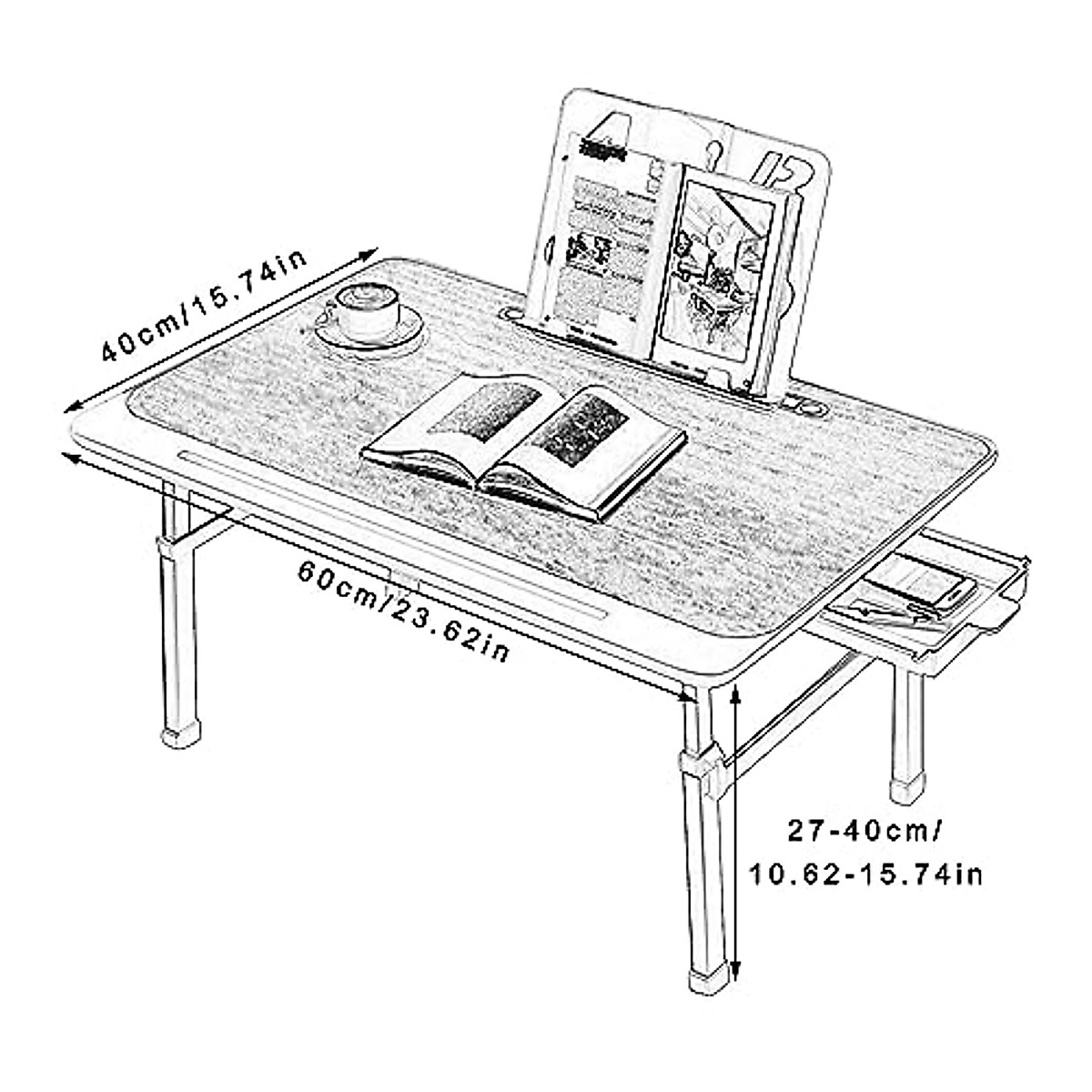 GEIRONV Movable Computer Desk, Bedroom Reading Learning Small Table with Drawers and Bookshelf Adjustable Multifunctional Folding Table (Color : White, Size : 60x40CM)