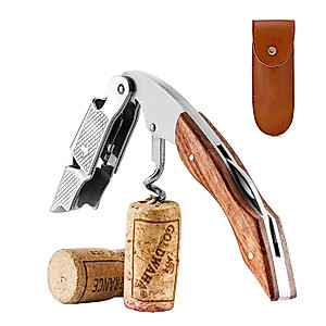 Wine Opener - Professional Corkscrew for Wine Bottles w/Foil Cutter and Cap Remover - Manual Wine Key for Servers, Waiters, Bartenders and Home Use. With its leather pouch.
