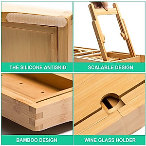 Bamboo Bathtub, Bed, Laptop Tray with Foldable Legs Adjustable Bath Caddy - Wine Glass and iPad Holder - Soap Tray & Bath Pillow Included.