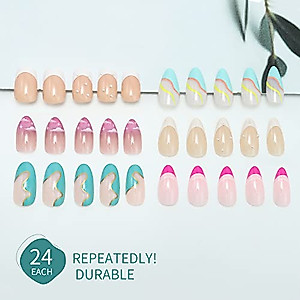 6 Packs (144 Pcs) Press on Nails Medium Design, Misssix Short Fake Nails Almond French Glue on Nails Set with Adhesive Tabs Nail File for Women