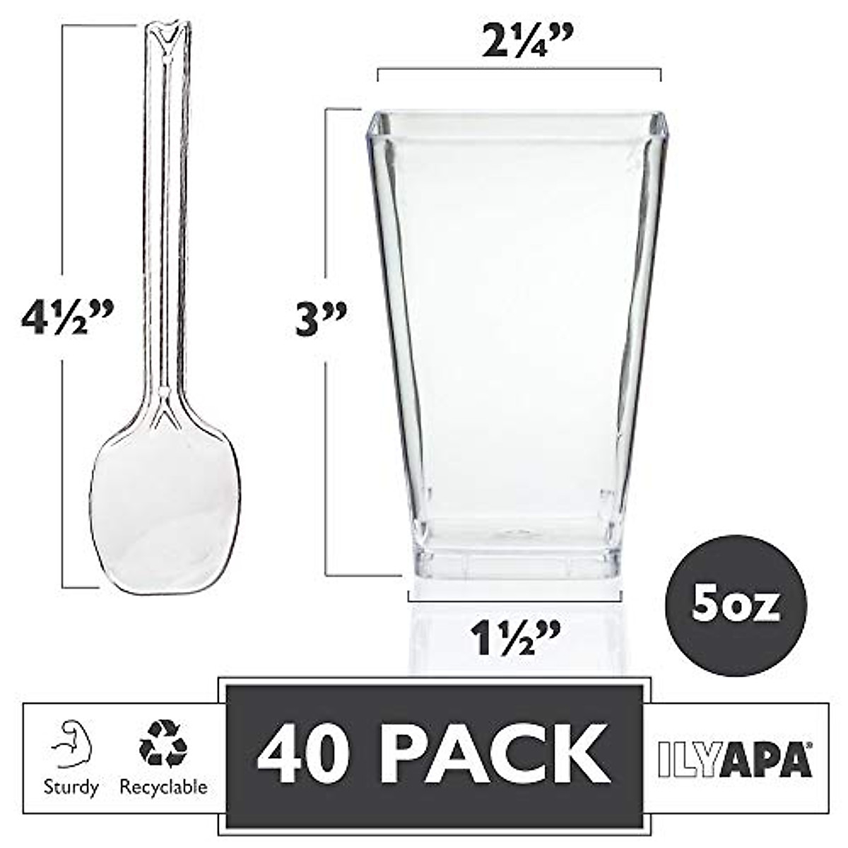 Ilyapa 5 oz Small Plastic Dessert Cups with Spoons - 40 Dessert Shooters for Chocolate Desserts, Appetizers, Dessert Samplers, Dessert Shot Glasses & More