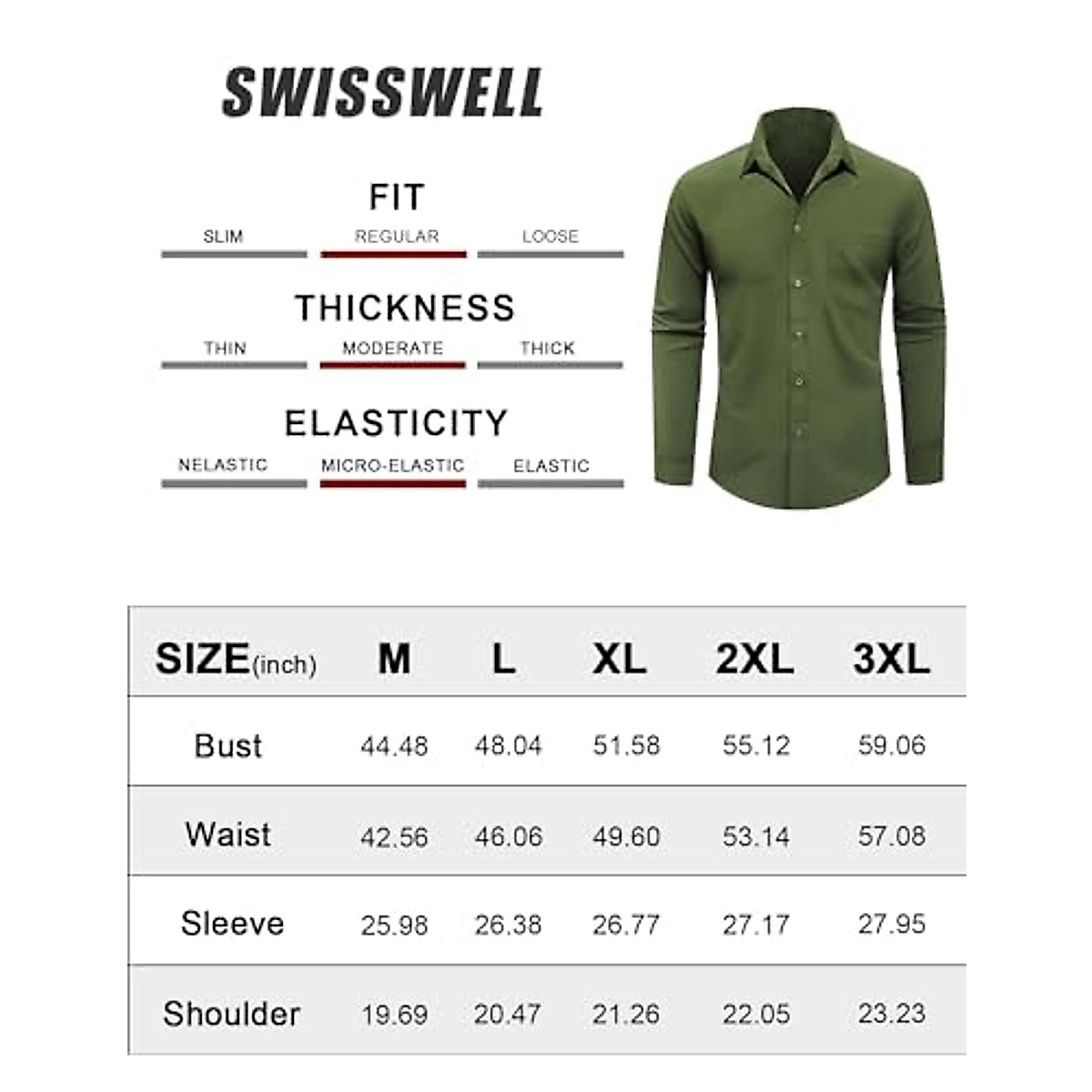 Men's Casual Button-Down Shirt Long Sleeve Regular Fit Dress Clothes Collared Plain Green XL Camisa De Hombre De Vestir