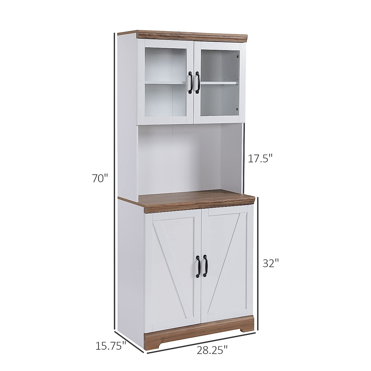 HOMCOM 70" Farmhouse Kitchen Buffet with Hutch, Kitchen Pantry Storage Cabinet with Glass Doors, Adjustable Shelves, Open Microwave Countertop, White