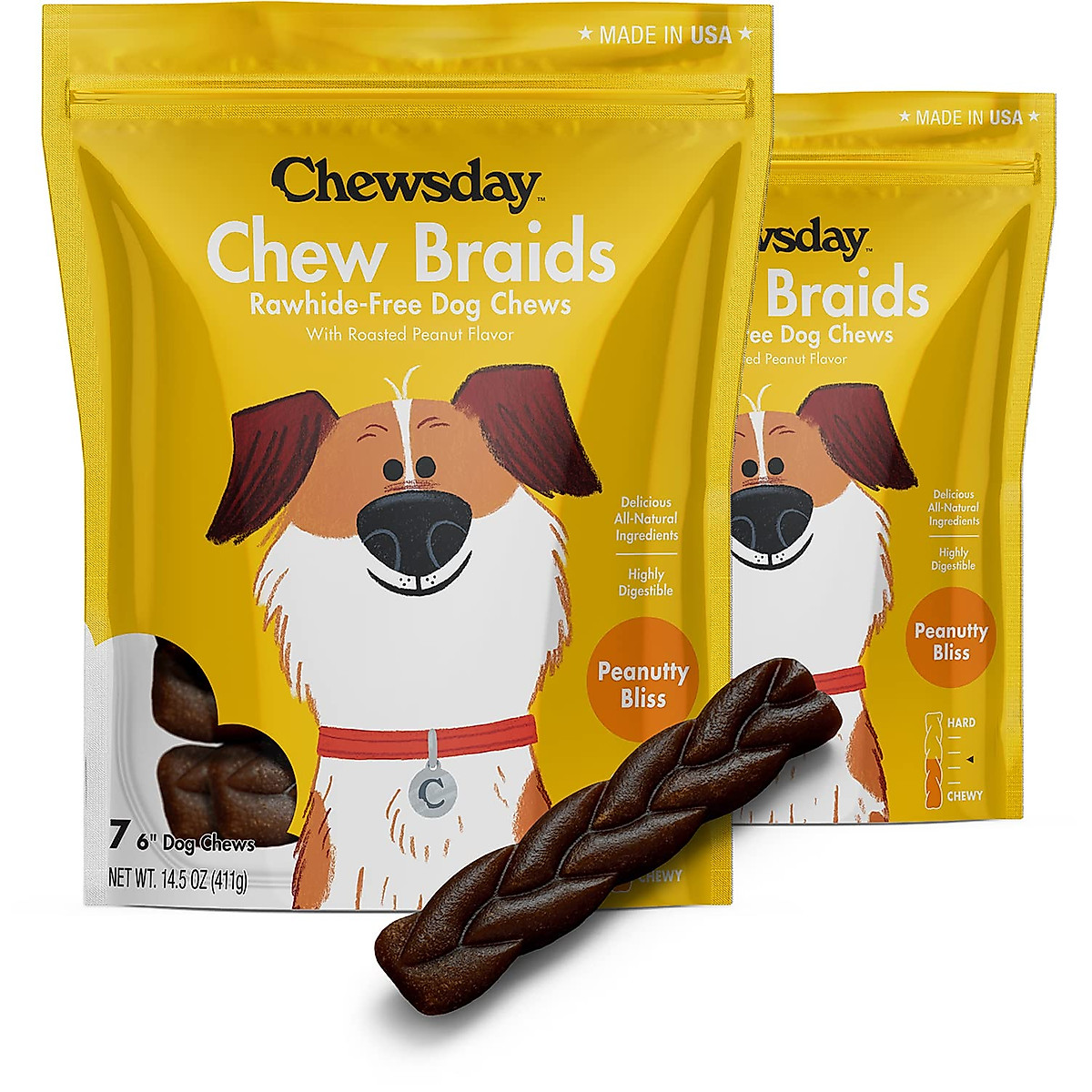 Chewsday 6-Inch Dog Chew Braids, Made in The USA, All Natural Rawhide-Free Highly-Digestible Treats, Peanutty Bliss - 14 Count
