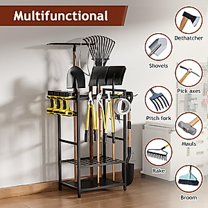 Homsorout Garden Garage Tool Organizer - Yard Tool Organizer for Garage with 4 Hooks, Heavy duty Steel Garden Tool Rack Holds up to 48 Long Handled Yard tools for Storage