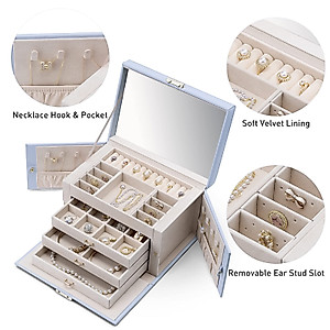 Vlando Velvet Jewelry Organizer Box for Women, Large Leather Jewelry Storage Box with Locked, Mirrored, 3 Drawer for Watch Necklace Ring Earring Storage, Gift for Girl Women and Mom - Purple