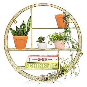 kimisty Gold Round Wall Shelf, 20 Inch Extra Large, Circular Bathroom, Bedroom Floating Shelves, Circle Brass Geometric Wall Art, Boho Metal Wire Mesh Sconce & Crystal Shelf