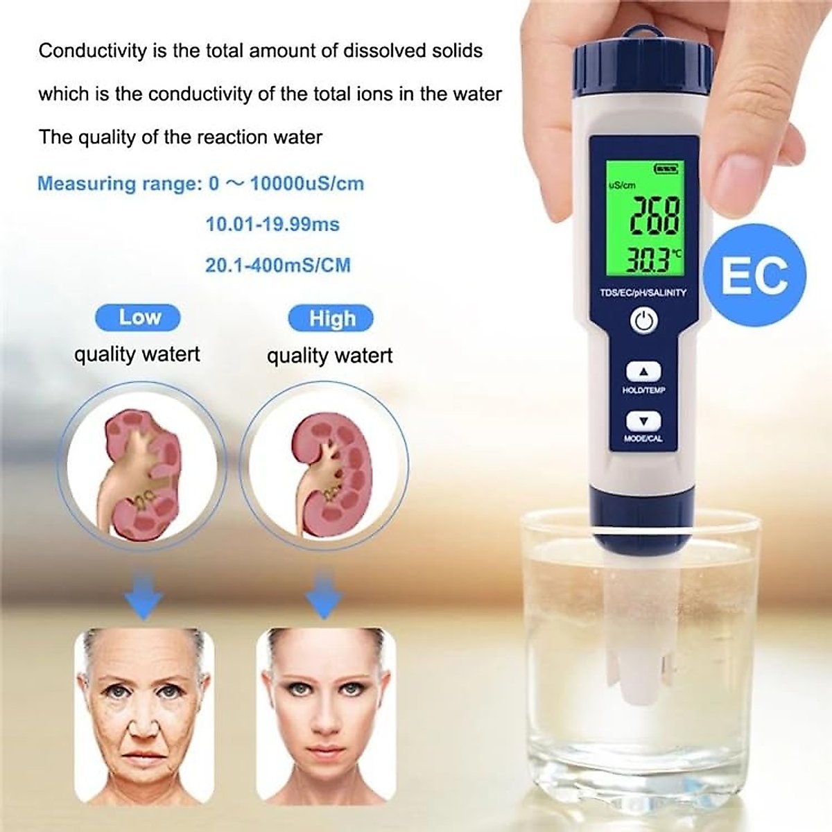 Generic 5-in-1 Pool Salt Tester & pH Meter with Temperature, TDS, EC: High Accuracy Water Analyzer for Pools, Spas, Drinking Water, Aquariums & Hydroponics