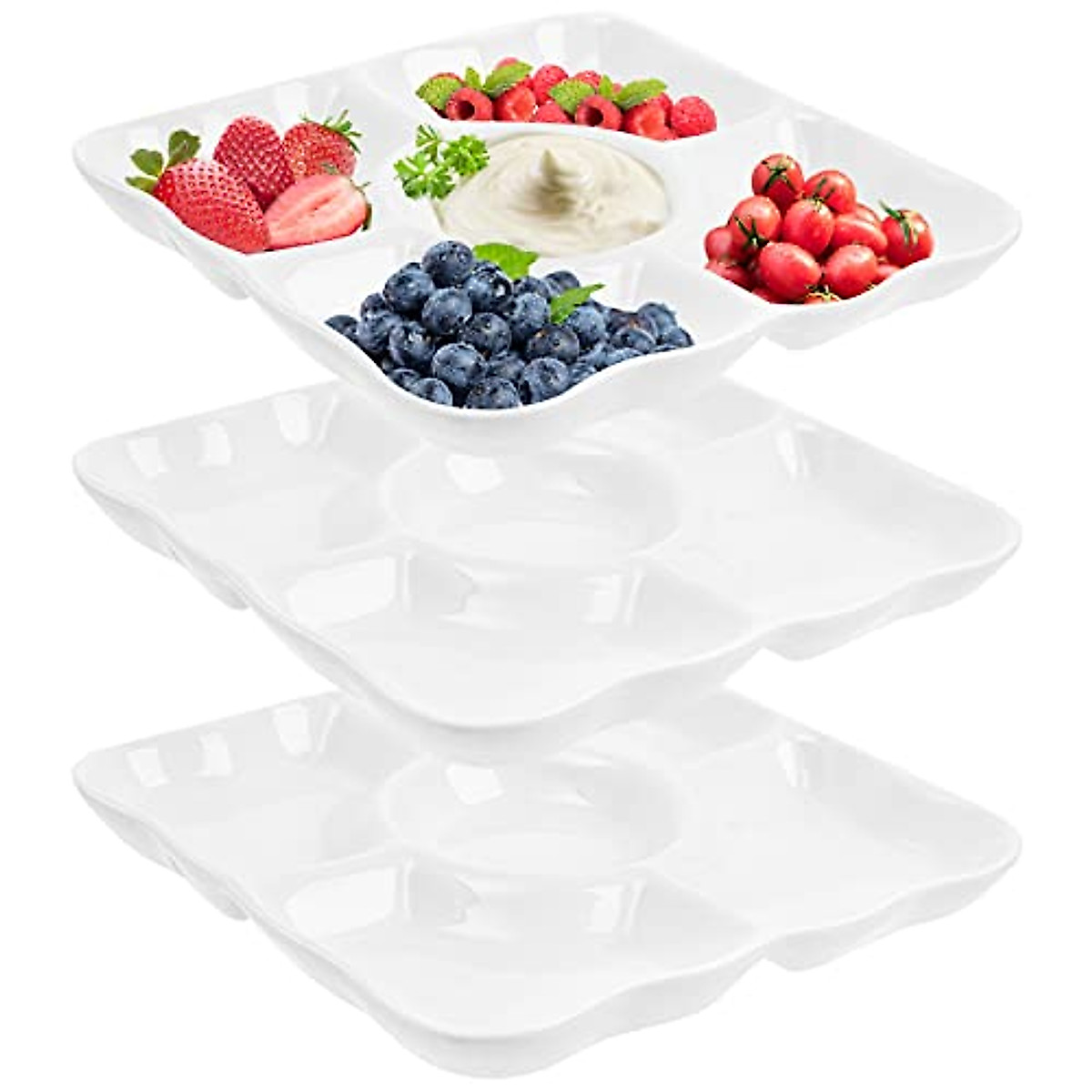 Okllen 3 Pack Porcelain Divided Serving Tray, White Appetizer Tray Platter for Chips and Dip, 5 Compartments Decorative Fruit Veggie Tray Candy Snacks Dishes, Square, 9.5" L x 9.5" W x 1" H