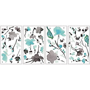 RoomMates RMK2687SCS Blossom Watercolor Bird Branch Peel and Stick Wall Decals, Multi Color