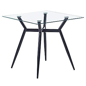 Knocbel Modern Square Glass Dining Table with Metal Legs, 177lbs Weight Capacity, 31.5" L x 31.5" W x 29.5" H (Clear and Black)