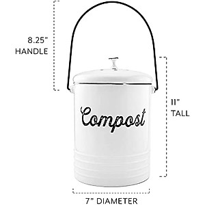 AuldHome White Enamelware Compost Bin, Farmhouse Compost Can Set with Lid and Charcoal Filters, 1.3 Gallon