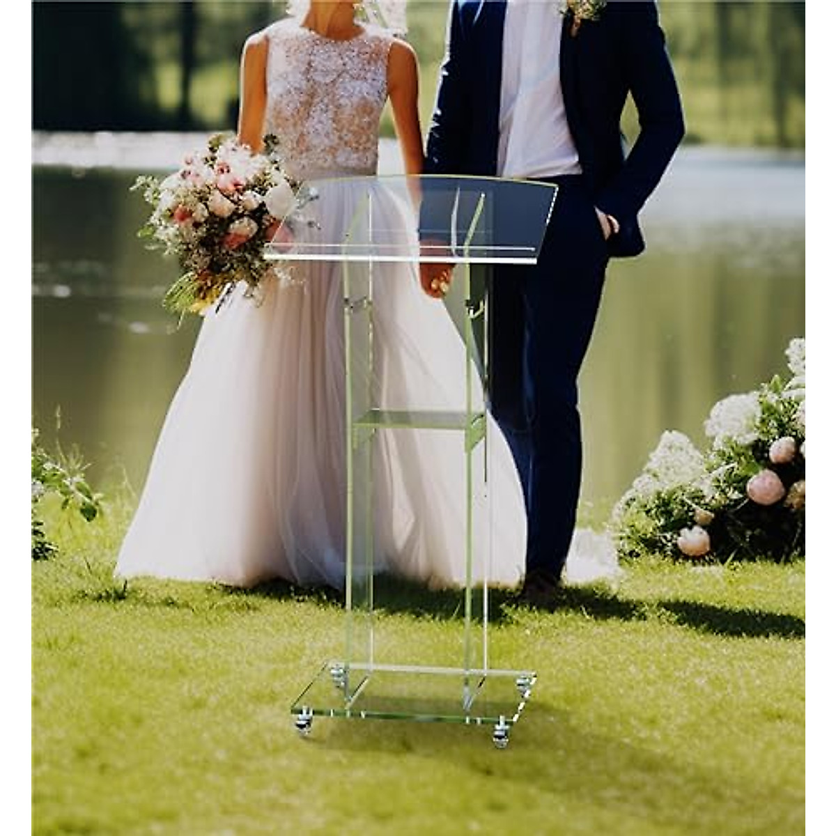 Acrtmatic Acrylic Clear Rolling Wheel Podium Stand, 47-inch Modern Lectern & Podium with Storage Shelf for Church, Speech，Classroom, Wedding, Concert. (23.6" L x 15.7" W x 47.2" H)