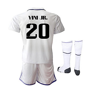 Madrid Home Vinicius Kids Jersey + Shorts + Socks Set Kit Size Small (6-7 Years Old) For Youth