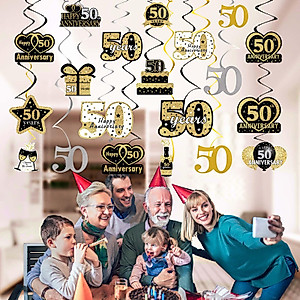 30pcs 50th Anniversary Decorations Hanging Swirl Party Supplies, Happy 50th Wedding Anniversary Hanging Swirl Decorations, Black Gold 50 Year Anniversary Theme Decor Sign
