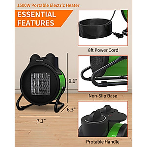 Buyplus Outdoor Heater, 1500W Portable Garage Heater with 90°Adjustable Angle, Overheat Protection & 2S Fast Heating, Electric Space Heater for Patio, Garage, Greenhouse, Indoor Outdoor Use Green
