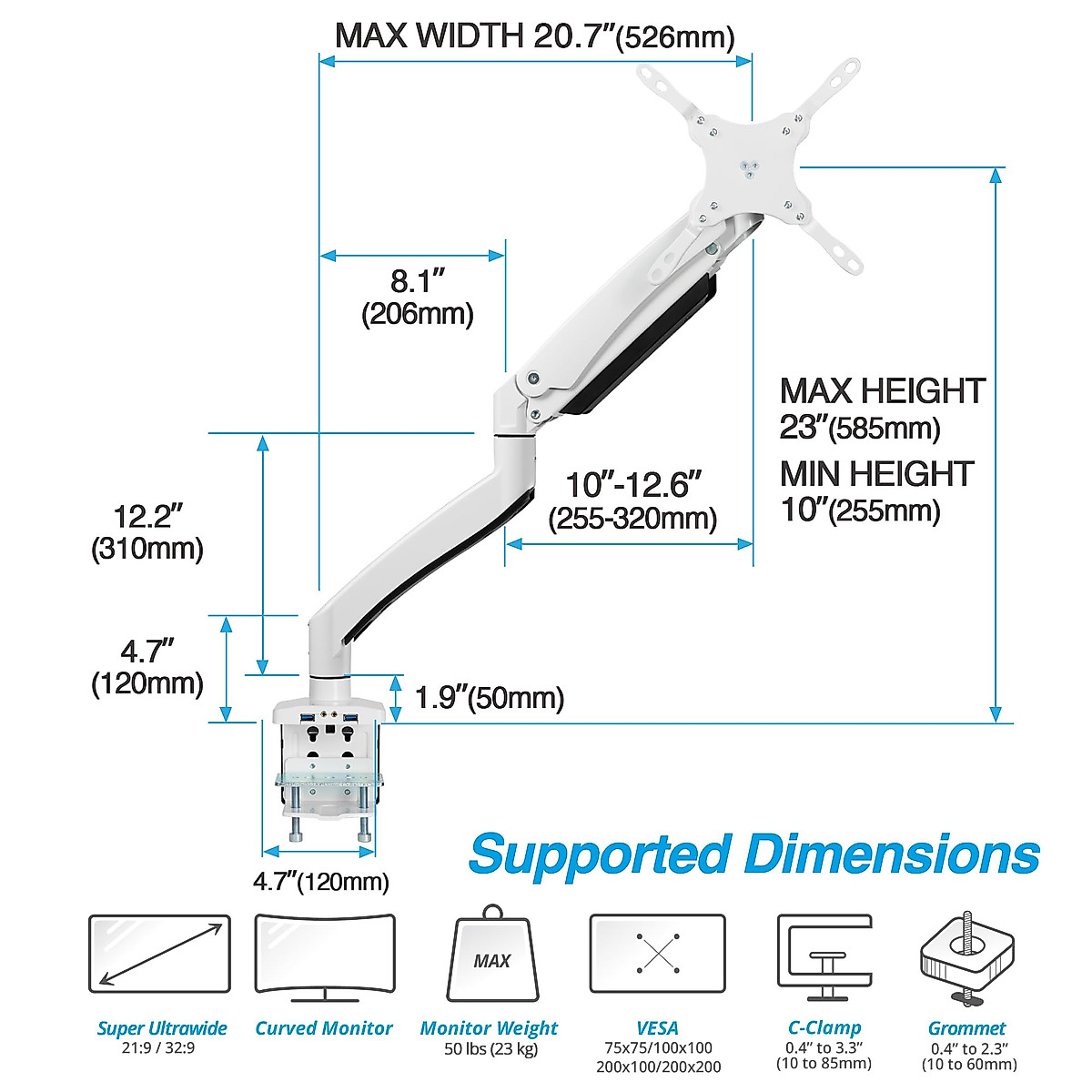 AVLT Single 17"-49" Super Ultrawide Monitor Arm for Screens Up to 50 lbs, Premium Aluminum Desk Stand, Adjustable Pneumatic Height, Full Motion Swivel Tilt Rotation, USB 3.0 & AUX Ports, White