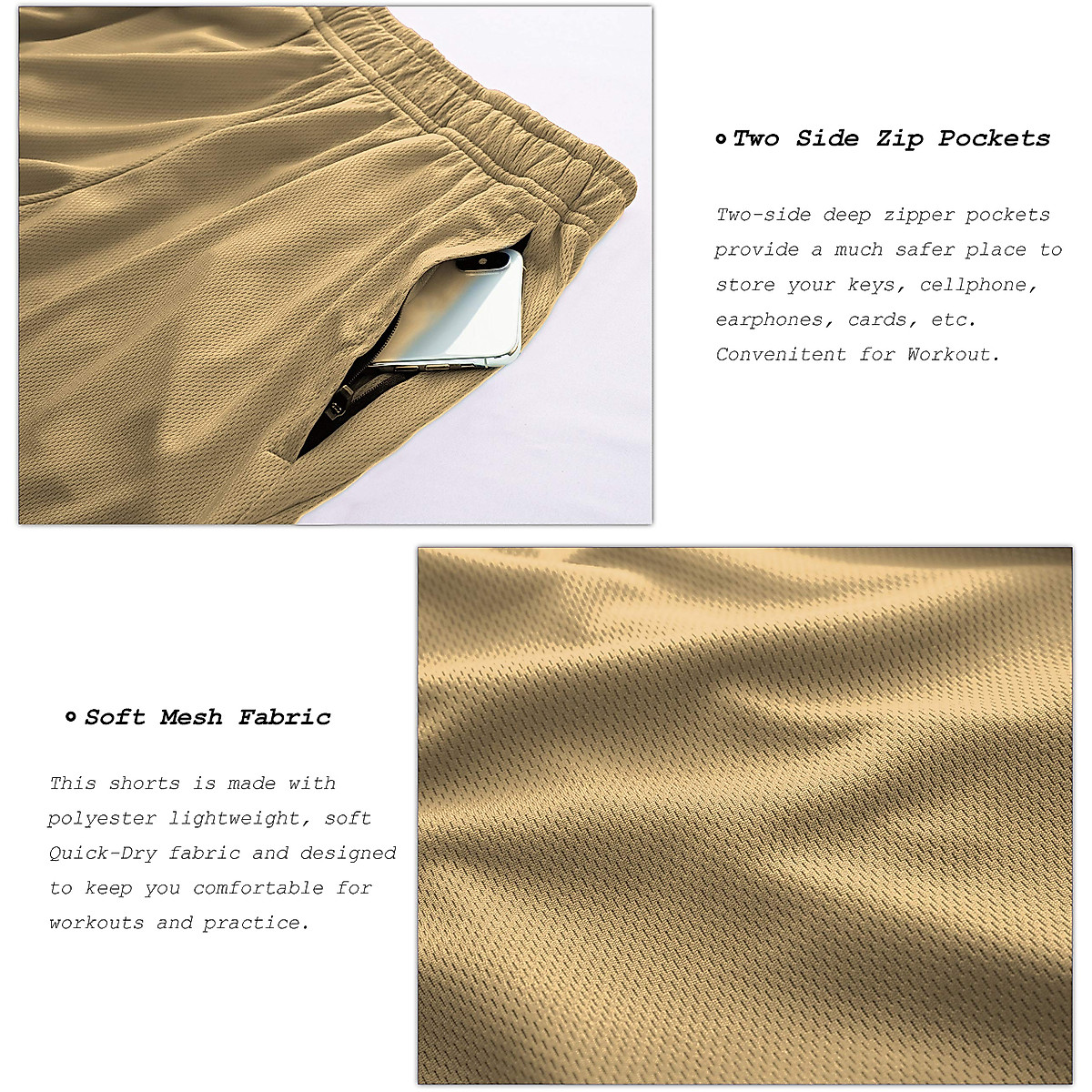 G Gradual Men's 7" Workout Running Shorts Quick Dry Lightweight Gym Shorts with Zip Pockets (Light Khaki Large)