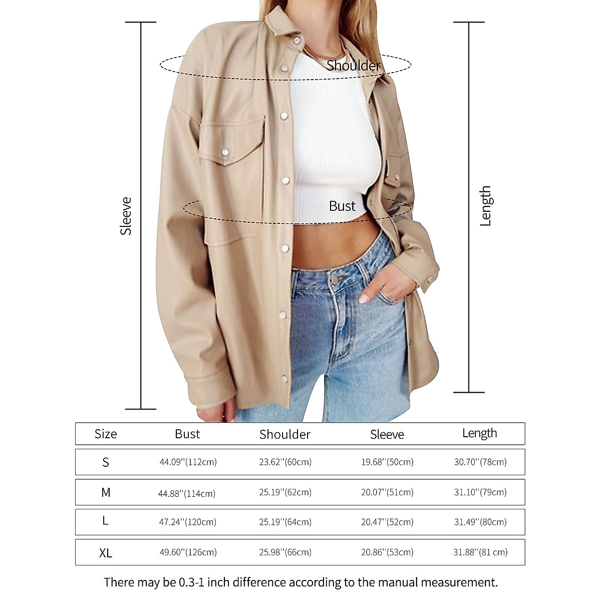 Gihuo Womens Faux Leather Jacket PU Shacket Button Down Biker Long Sleeve Lapel Blazer Coat Outwear with Pocket(01Apricot-L)