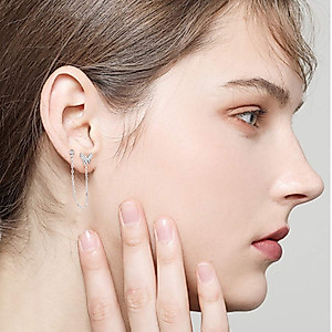 Double Holes Butterfly Halo CZ Small Stud Cuff Wrap Tassel Chain Crawler Climer Dangle Drop Earrings for Women Cartilage S925 Sterling Silver Piercing Animal Jewelry Gifts Daughter Sister