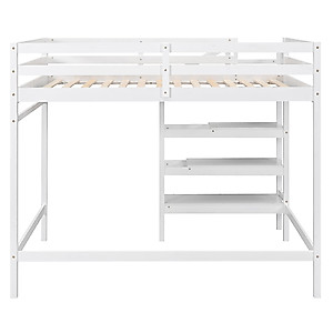 Full Loft Bed with Stairs Wood Frame Storage Shelves and Hanging Rod White Beds for Kids Boys Girls Adults Teens Dorm Bedroom, Full Size White With Stairs