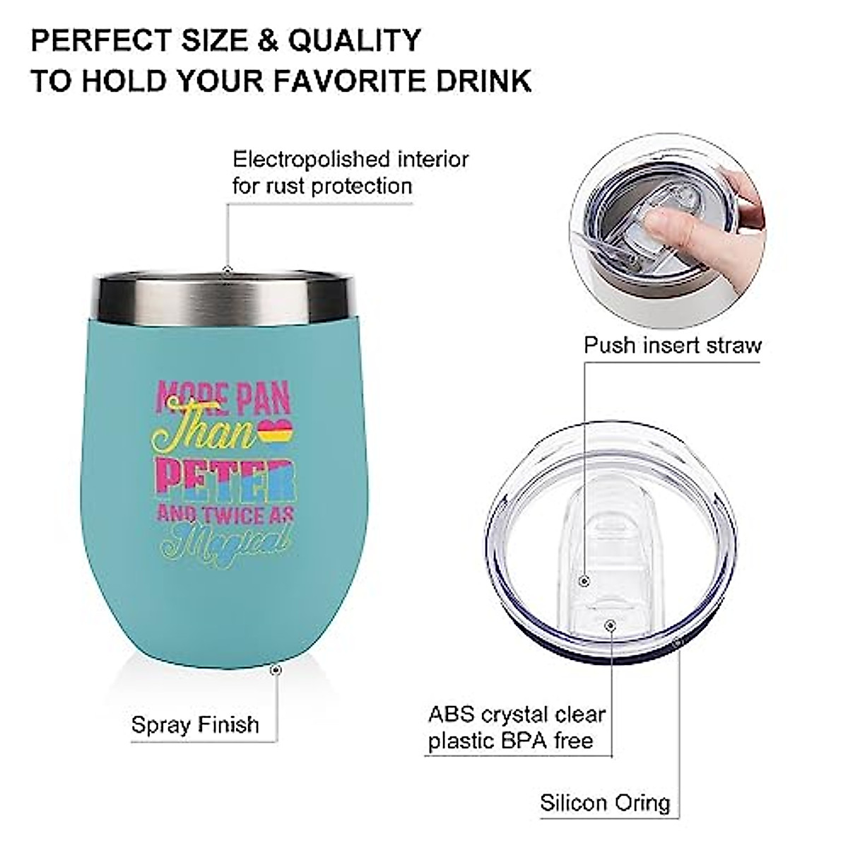 Mighun MORE PAN THAN PETER AND TWICE AS MAGICAL Wine Tumbler with Lid, Pansexual Bisexual LGBTQ Vacuum Coffee Tumbler, Gay Pride Stemless Insulated Wine Glasses Cup for Champaign, Cocktail, Beer