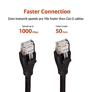 Amazon Basics RJ45 Cat-6 Ethernet Patch Cable, 1Gpbs Transfer Speed, Gold-Plated Connectors, 50 Foot for PC, TV, Tablet, Router, Printer, Black