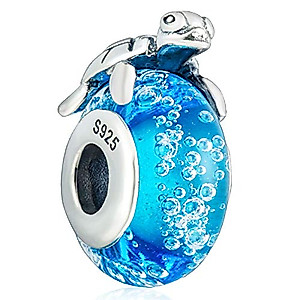 Sea Turtle Charms, on a Blue Bubble Murano Glass Beads, Fit Pandora Ocean Bracelets-925 Sterling Silver Tropical Marine Life Charm Hawaii Vacation Summer Travel