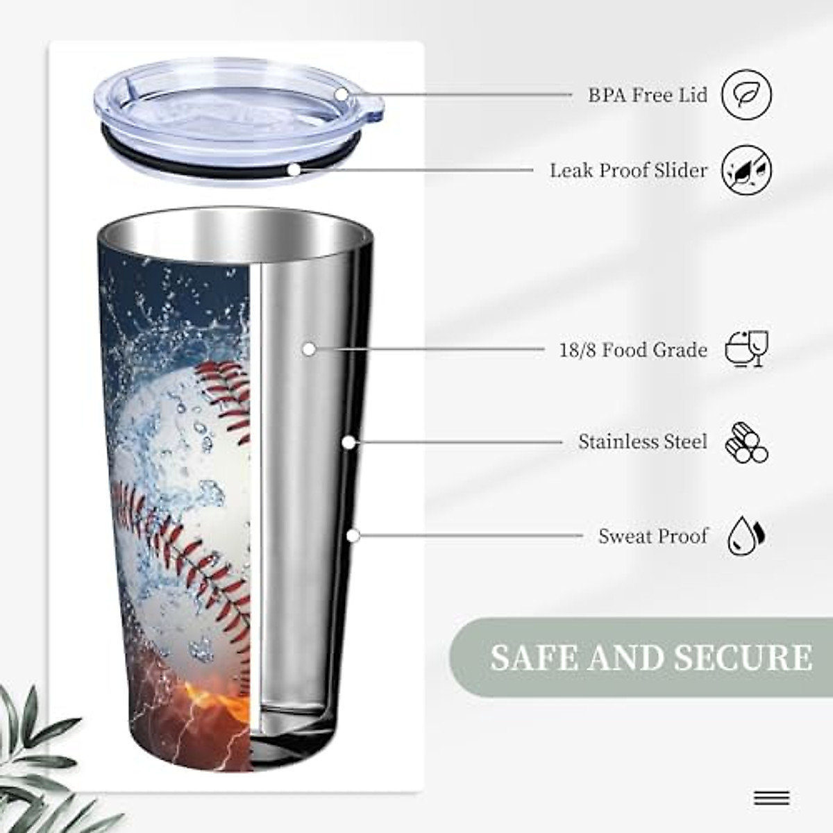 IYERSKD 3D Print Baseball White Ball in Fire and Water 20 oz Stainless Steel Tumbler Vacuum Insulated Leakproof Travel Mug for Car Office Gym
