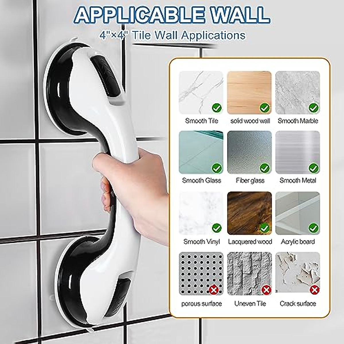 Grab Bars for Bathtubs and Showers, 2 Pack Shower Handle 12 Inch Strong Suction Shower Bar, Safety Bars for Shower Chair, Bathroom Grab Bar for Senior