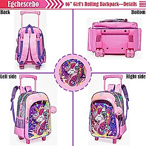 Egchescebo kids Rolling Kid Travel Toddler Duffle Bag Unicorn Backpack for Girls Carry on Luggage Roller Computer Suitcase with Pencil Case and Lunch Box Wheels Wheeled Braid Toy Backpacks Pink