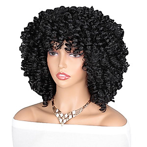 AISI HAIR Curly Afro Wig with Bangs Shoulder Length Wigs Curly Black Wig Afro Kinkys Curly Hair Wigs Synthetic Wig Curly Full Wig for Black Women (Black)…