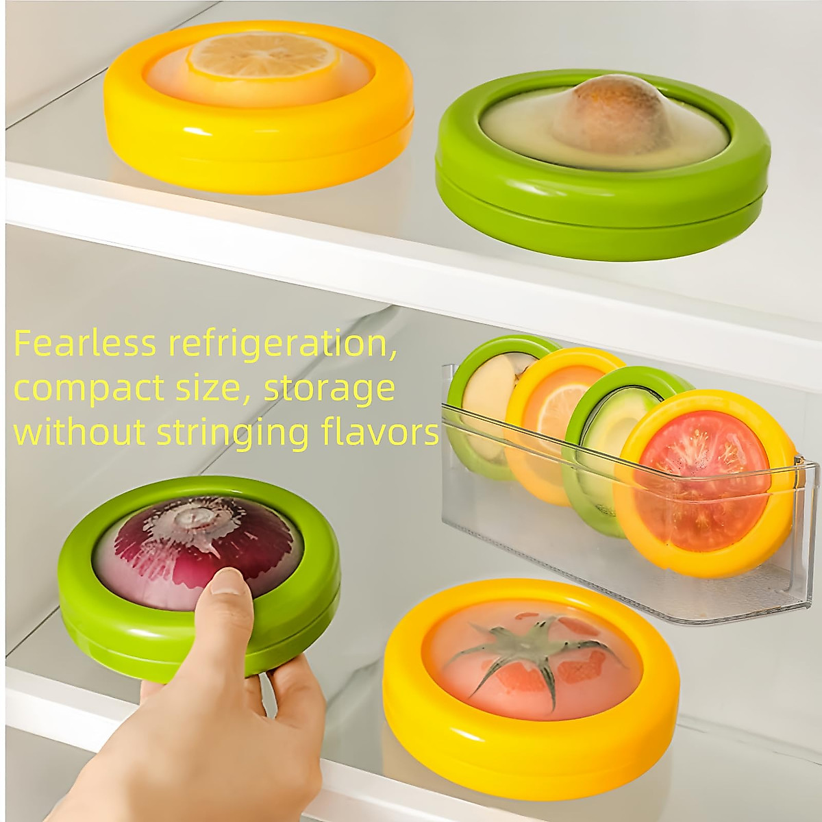Generic Modern Silicone Fruit Storage Box Set of 4, Round, 3.93 inches by 1.02 inches, Green & Yellow, Reusable, Portable, Flip Top, Fruit, Vegetable, Snacks