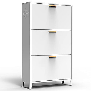 WIILAYOK Shoe Cabinet, Freestanding/Wall Mounted Shoe Storage Cabinet Organizer with 3 Flip Drawers and Internal Adjustable Shelves, Metal Shoe Rack Cabinet for Entryway, Hallways, Closet (White)