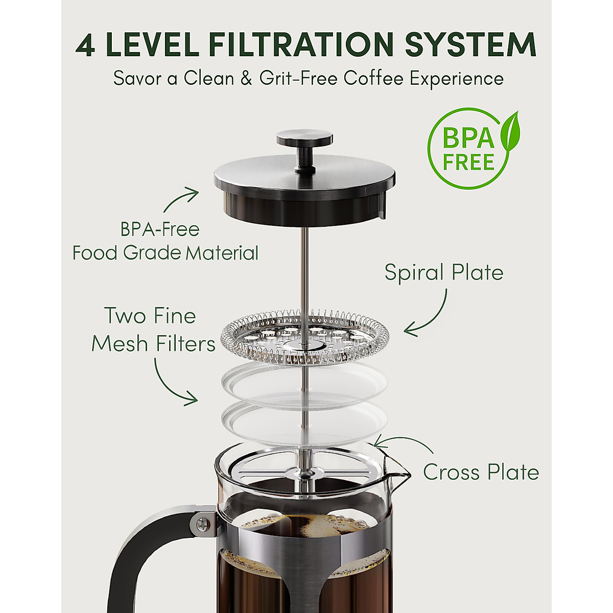 BAYKA 34 Ounce 1 Liter French Press Coffee Maker, Heat Resistant Thickened Borosilicate Glass Stainless Steel Coffee Press, Cold Brew Coffee Pot Tea Press for Kitchen Travel Camping, Dark Pewter