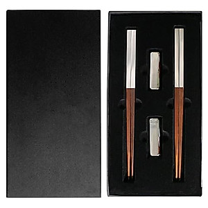 Natico Originals Silver Metal and Wood Chopsticks Set | Set of 2 Pairs w/ 2 Rests | Gift Set, Gift Packaged | Reusable (60-603SET)