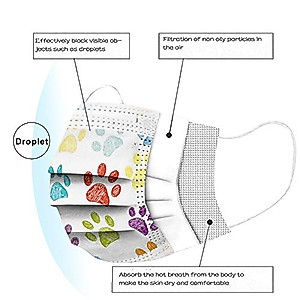 Paw Print Disposable_mask for Women with Design Cat Dog Paw Print Patterned Paper_mask with Breathable 3 ply Adjustable (50 Pack, C)