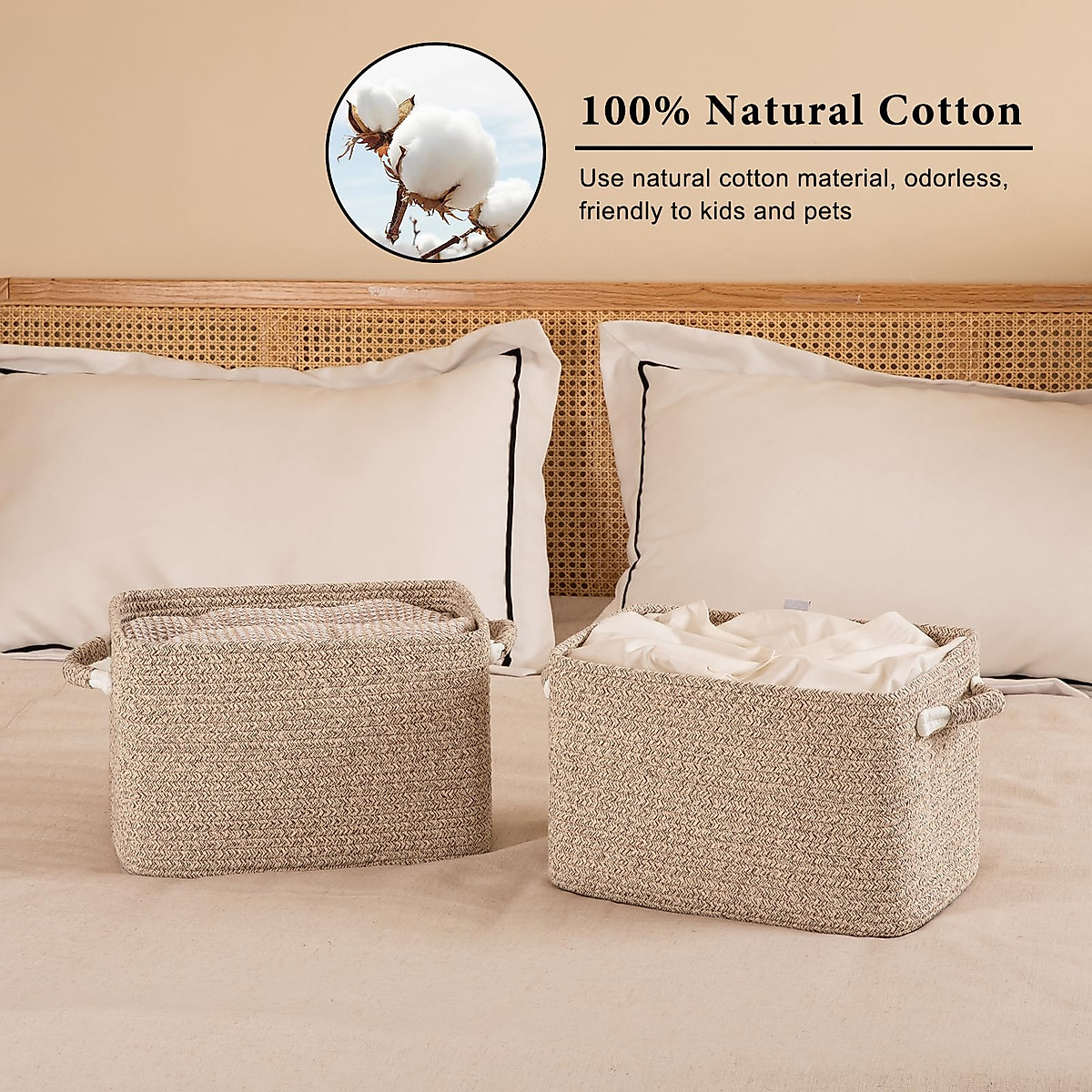 OIAHOMY Decorative Woven Storage Bins and Toy Baskets for Nursery, Living Room, Shelves - Set of 2 Brown Baskets With Handles